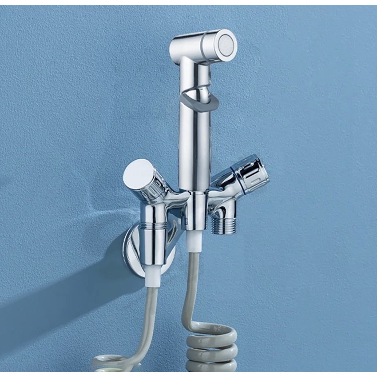 Set dus bideu cu robinet dublu coltar, argintiu lucios, Top Ceramic 561 ...