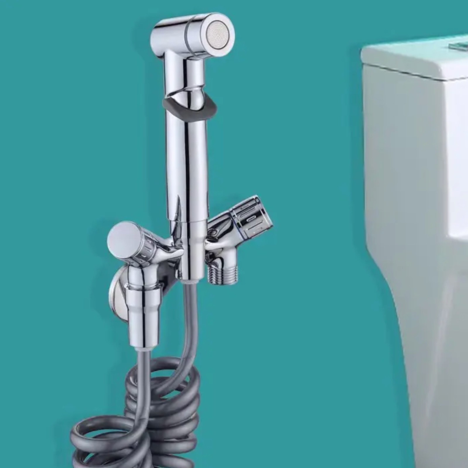 Set dus bideu cu robinet dublu coltar, argintiu lucios, Top Ceramic 561 ...