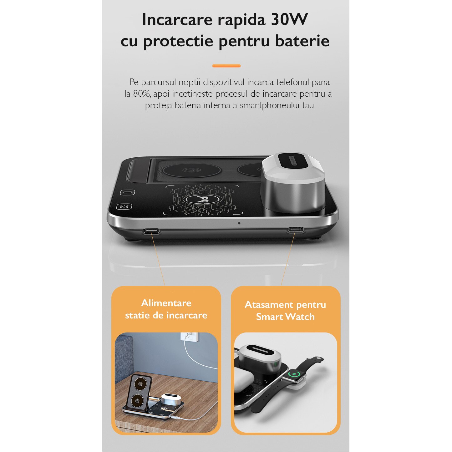 Statie incarcare wireless 4 in 1 universal Loowoko® R12, lumina veghe ...