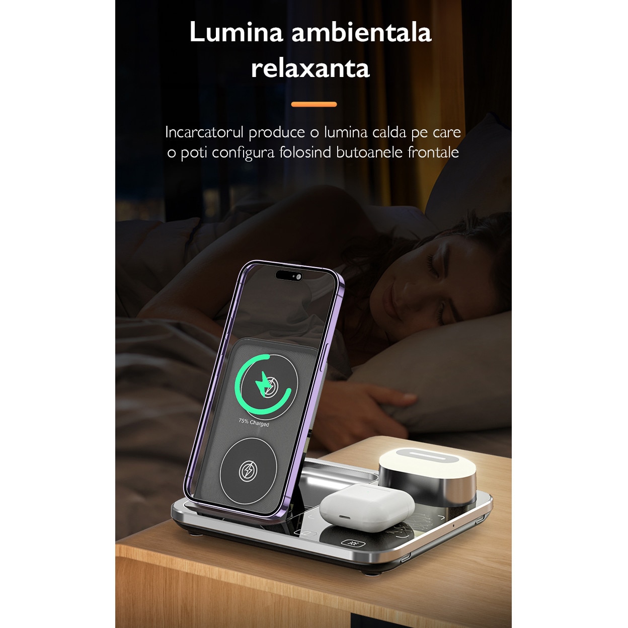 Statie incarcare wireless 4 in 1 universal Loowoko® R12, lumina veghe ...