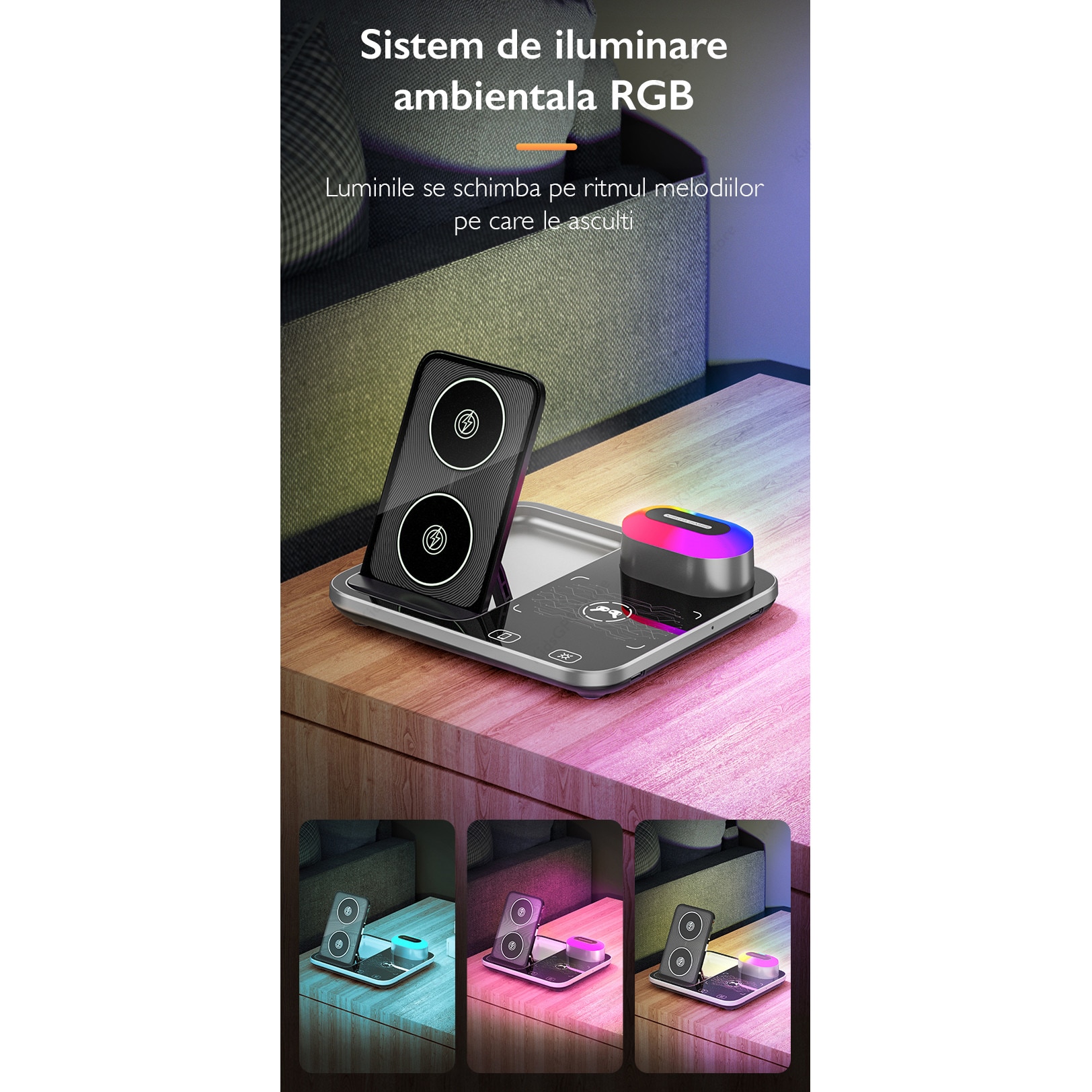 Statie incarcare wireless 4 in 1 universal Loowoko® R12, lumina veghe ...