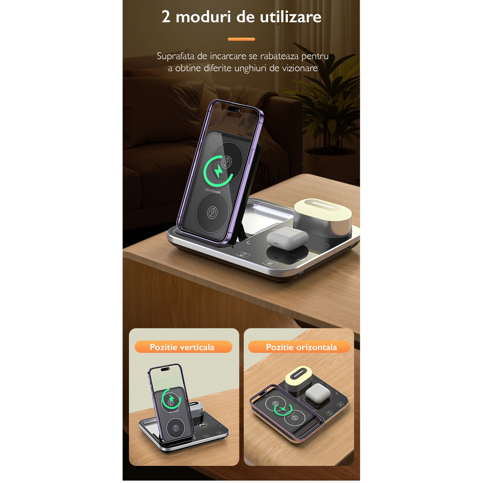 Statie incarcare wireless 4 in 1 universal Loowoko® R12, lumina veghe ...