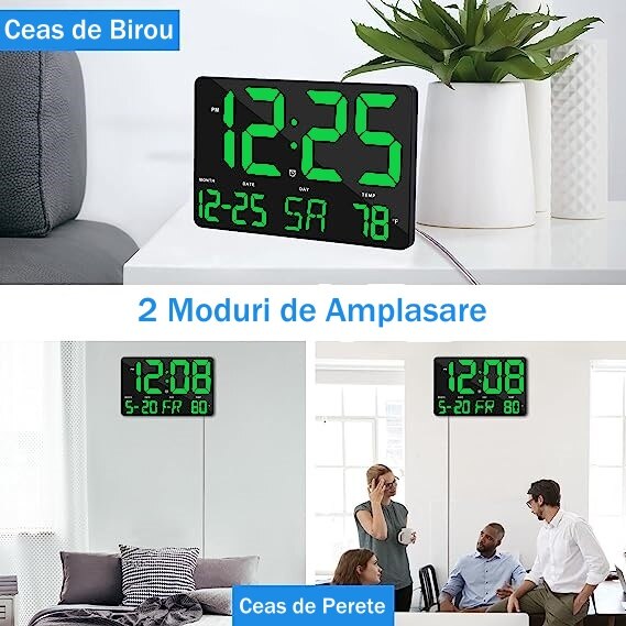 Ceas Digital de Masa si de Perete cu Lumina Led Verde, Calendar, Temperatura, Alarma, Termometru ...