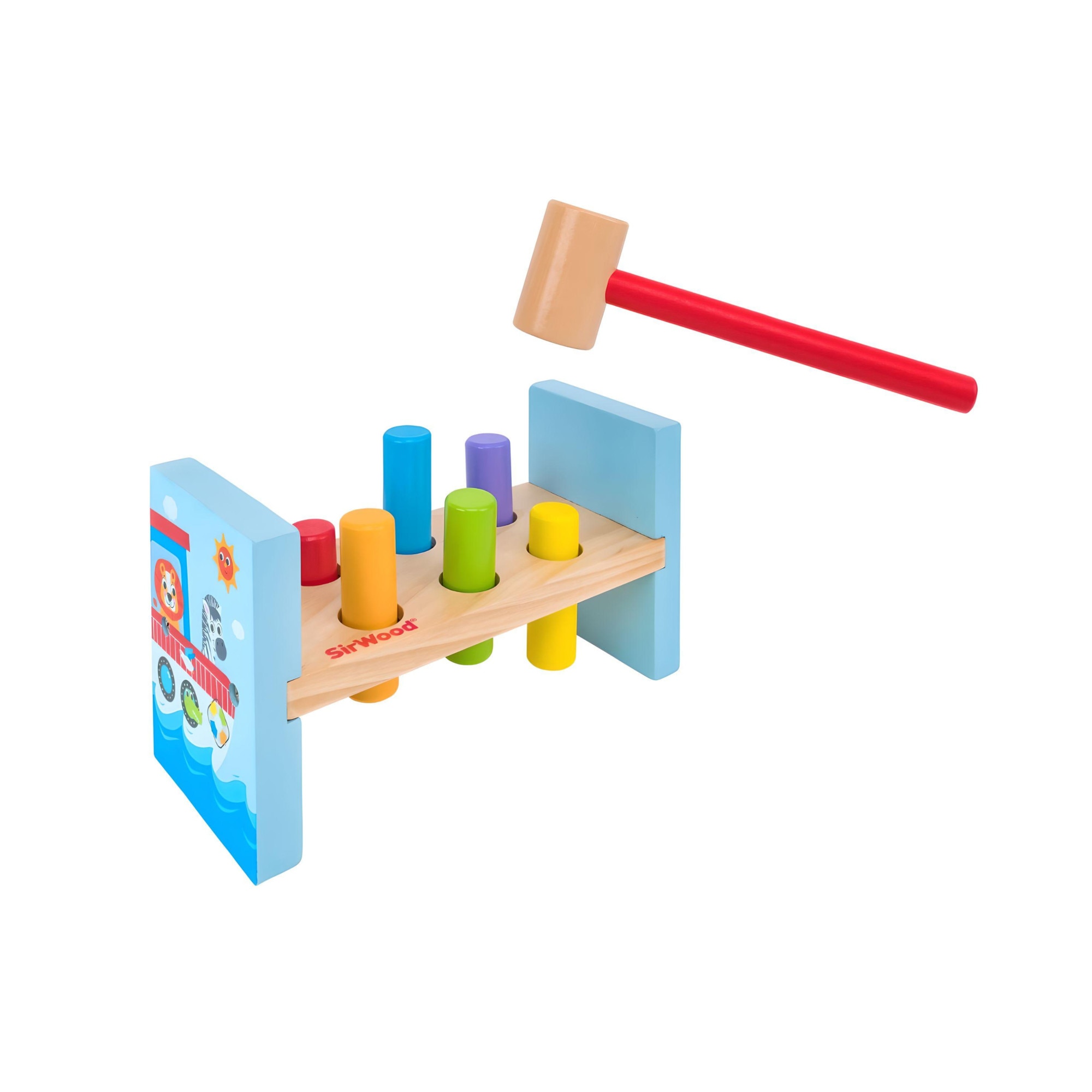 Jucarie educationala din lemn cu 6 cilindri colorati, Globo, masuta din lemn cu ciocan, banc de ...