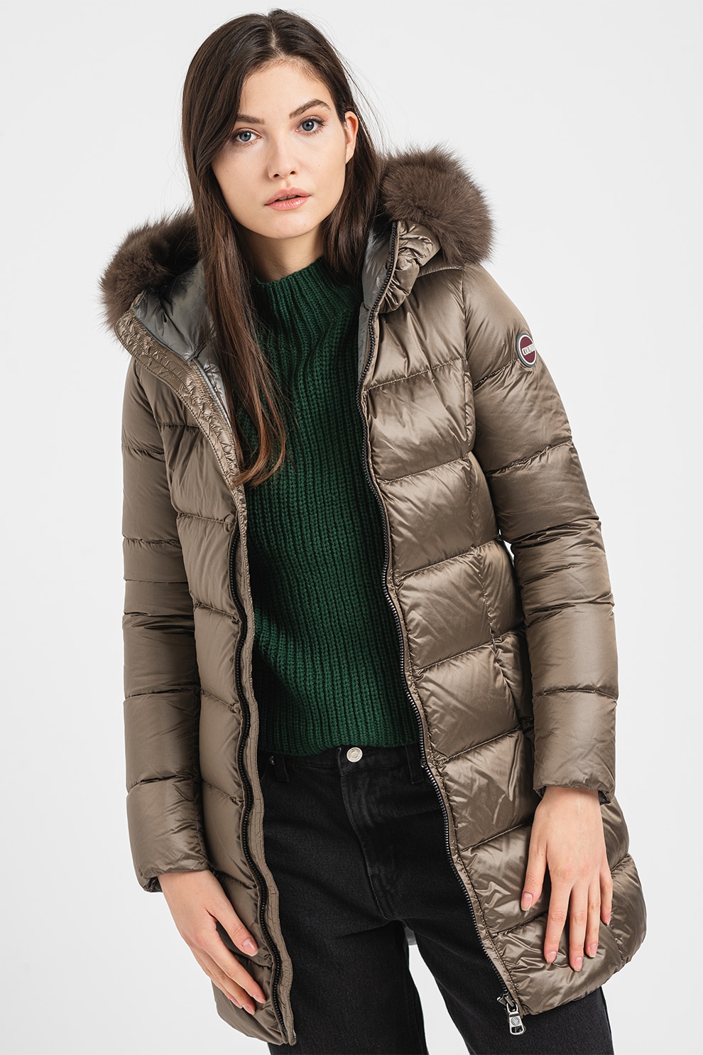 Colmar, Geaca lunga cu umplutura de puf si detaliu cu blana, Bronz, 44 ...