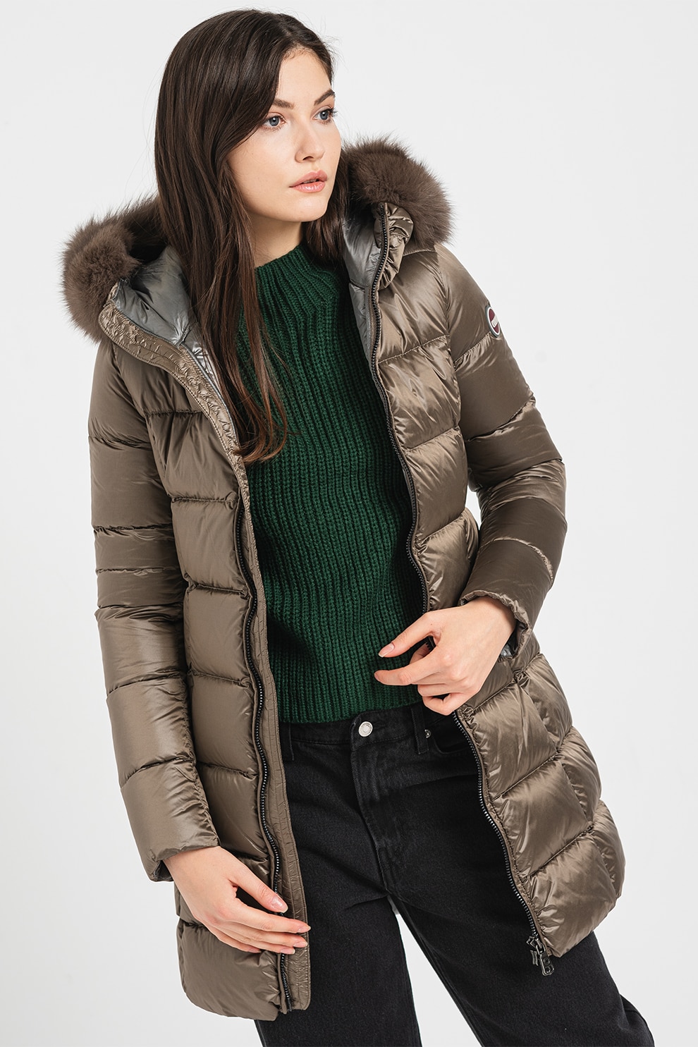 Colmar, Geaca lunga cu umplutura de puf si detaliu cu blana, Bronz, 44 ...