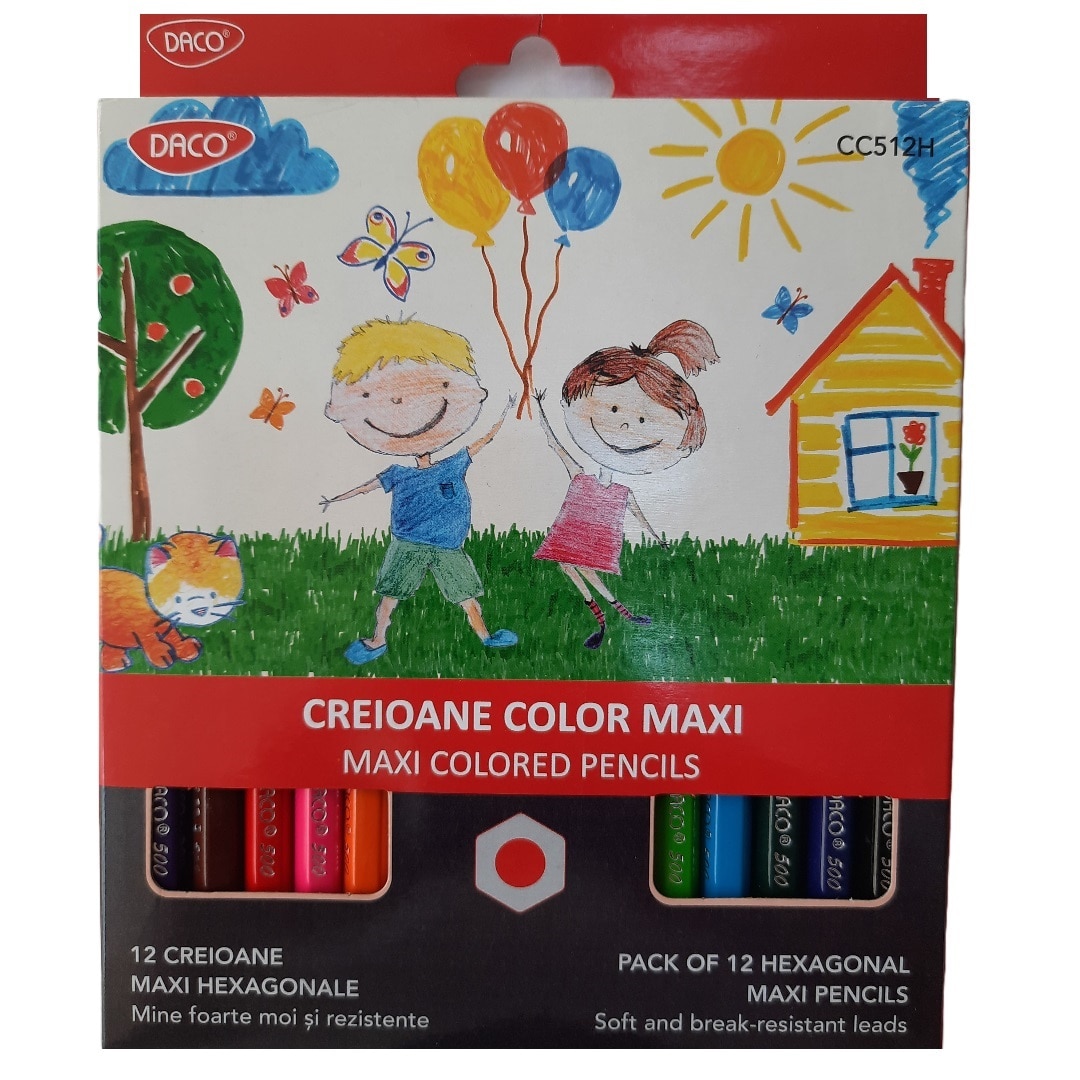 Creioane colorate groase, FLR DACO, hexagonale, 12 culori/set, corp ...
