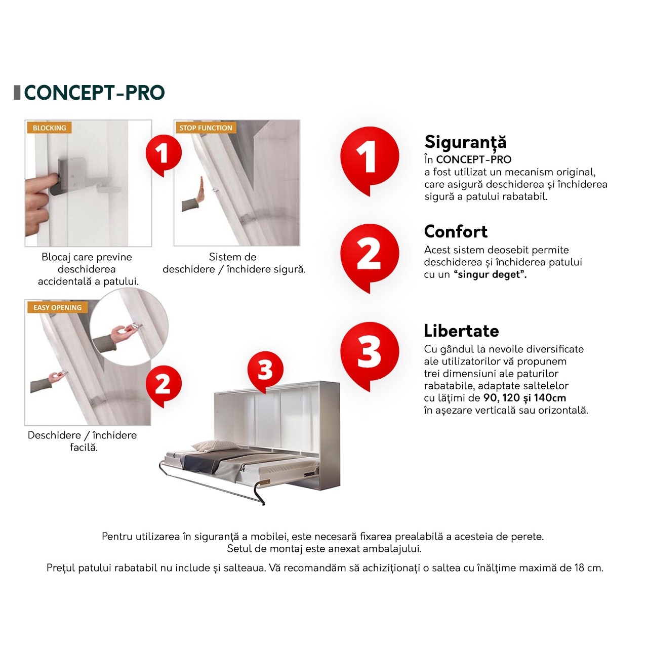 Pat rabatabil de perete Concord Pro II nivele 90x200, MIRJAN24, alb ...