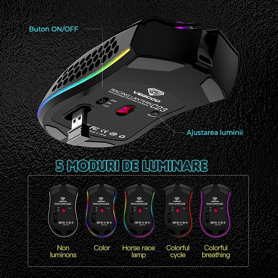 Mouse Wireless Timebox Gaming, Ultrausor 95g, RGB LED, FastCharge, 2 ...