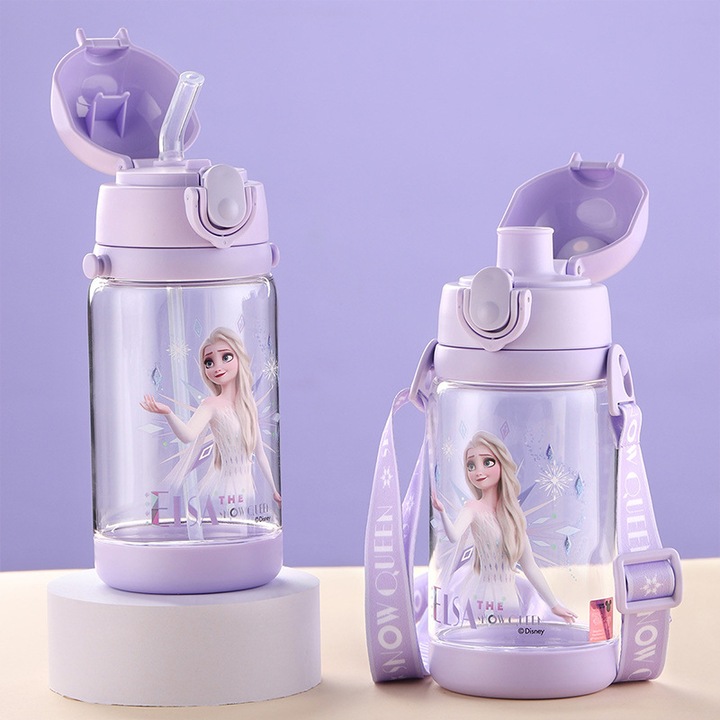 Sticla de apa cu Elsa pentru copii 2in1 – capac interschimbabil pai+duza, fara BPA – 520 ml ...