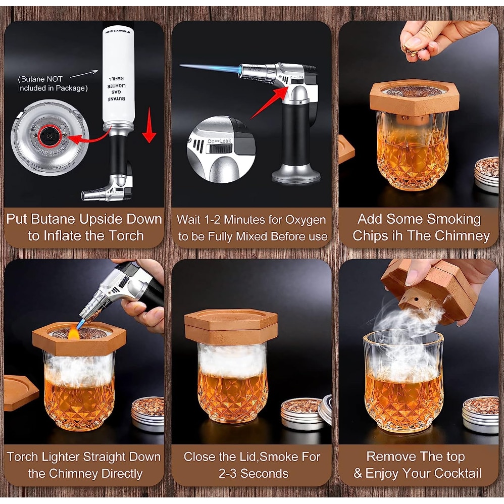 Set fumator de cocktail cu torta si foc, Otel inoxidabil/Lemn ...