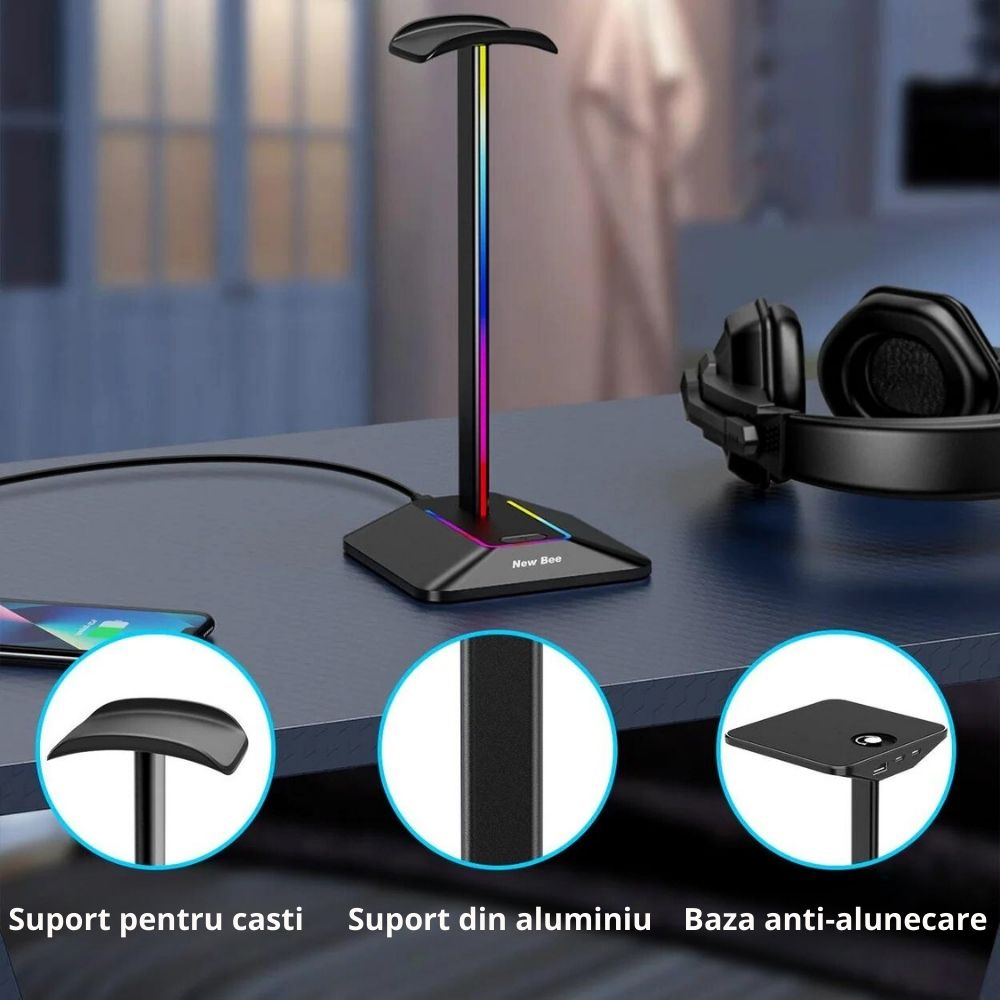 Suport casti gaming, Mindblower, Disco-stand, Antiderapant, iluminare ...