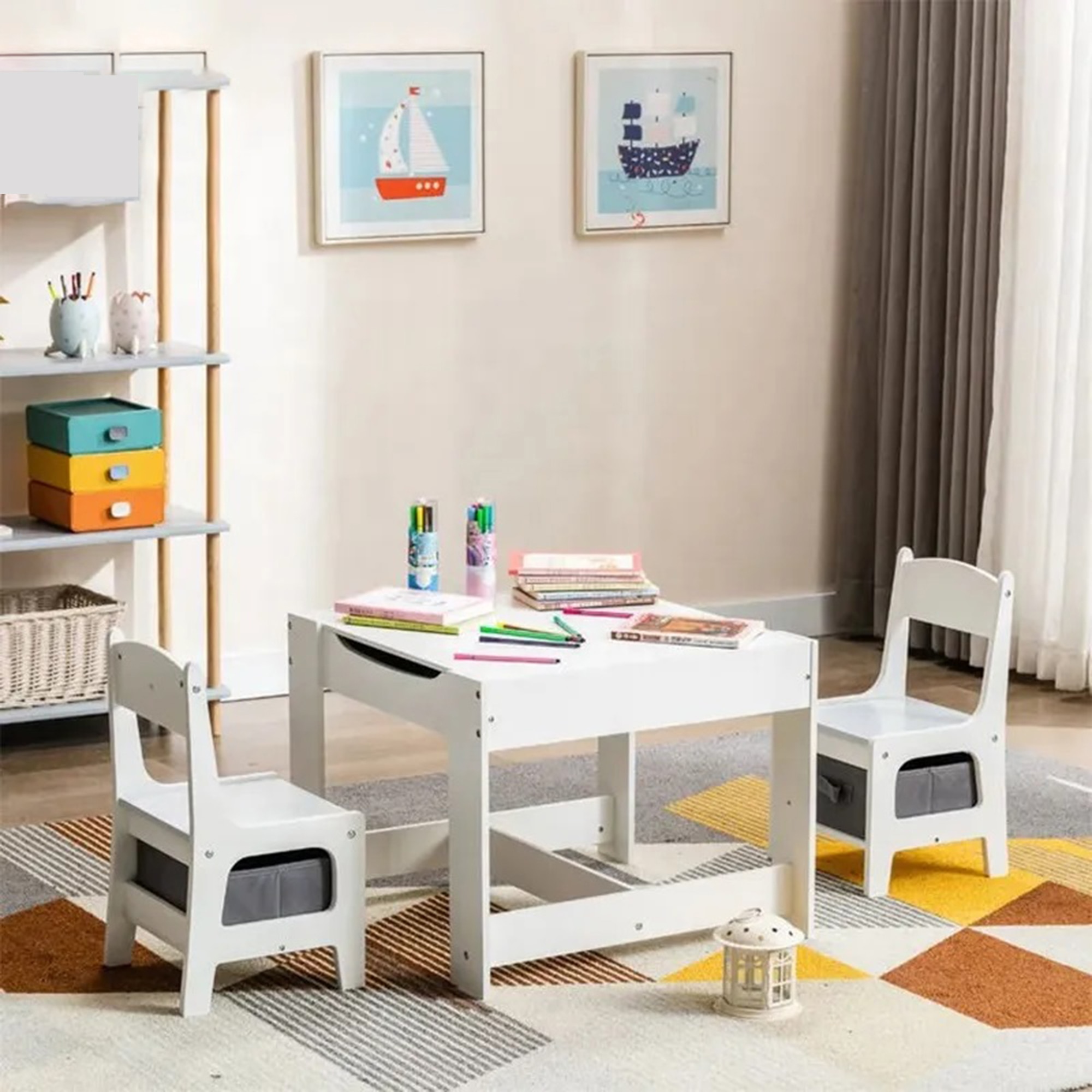 Masa pentru copii cu 2 scaune GINGER HOME, fata dublu cu tabla alb ...