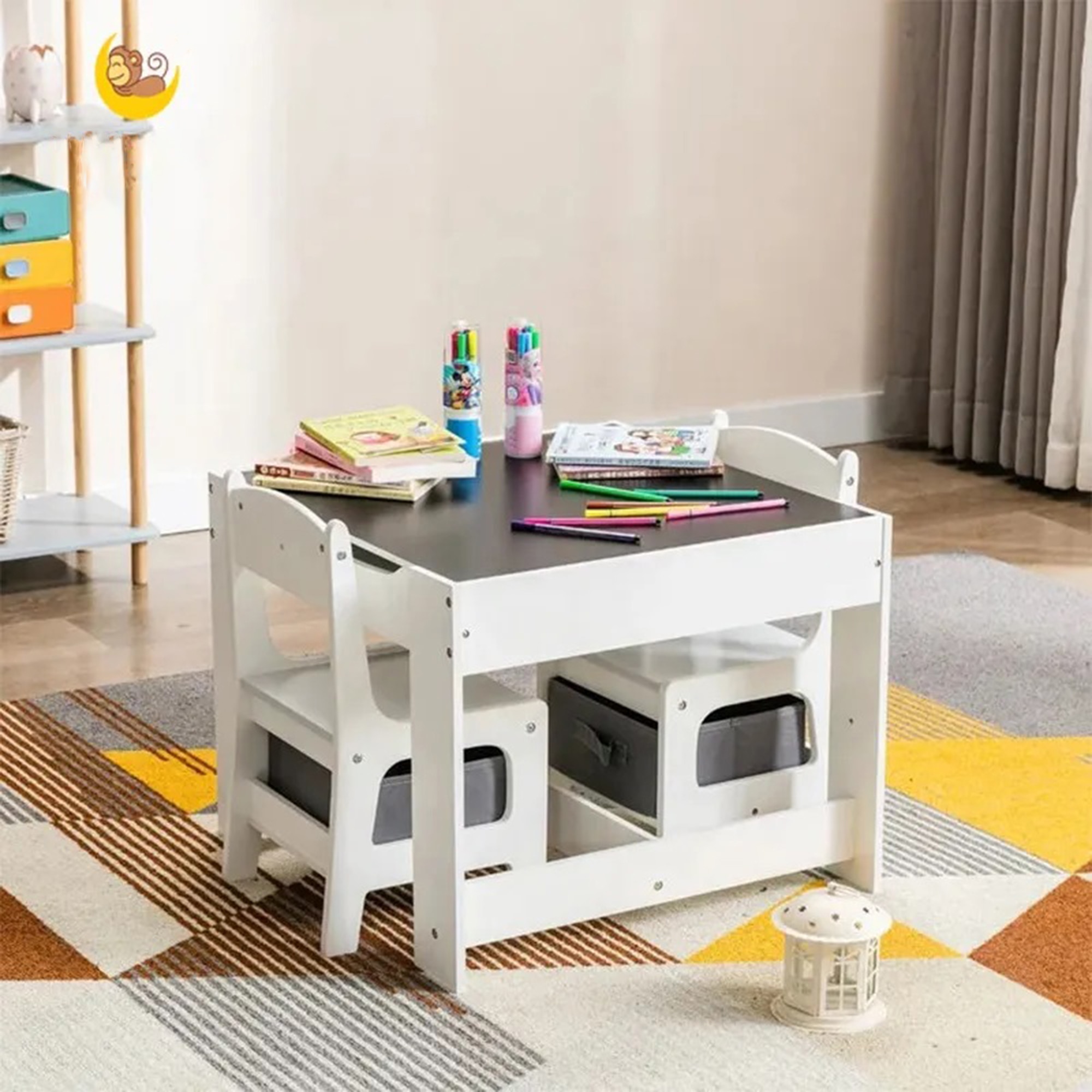 Masa pentru copii cu 2 scaune GINGER HOME, fata dublu cu tabla alb ...