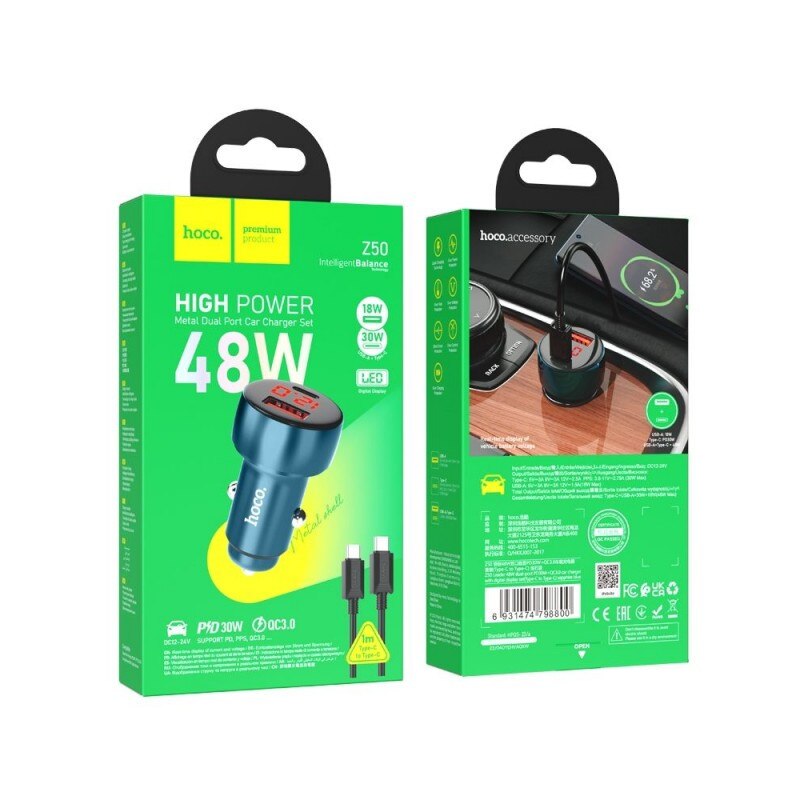 Зарядно за кола Dual Hoco Z50 Usb QC 3.0 + Usb - C, мощност 48 W ...