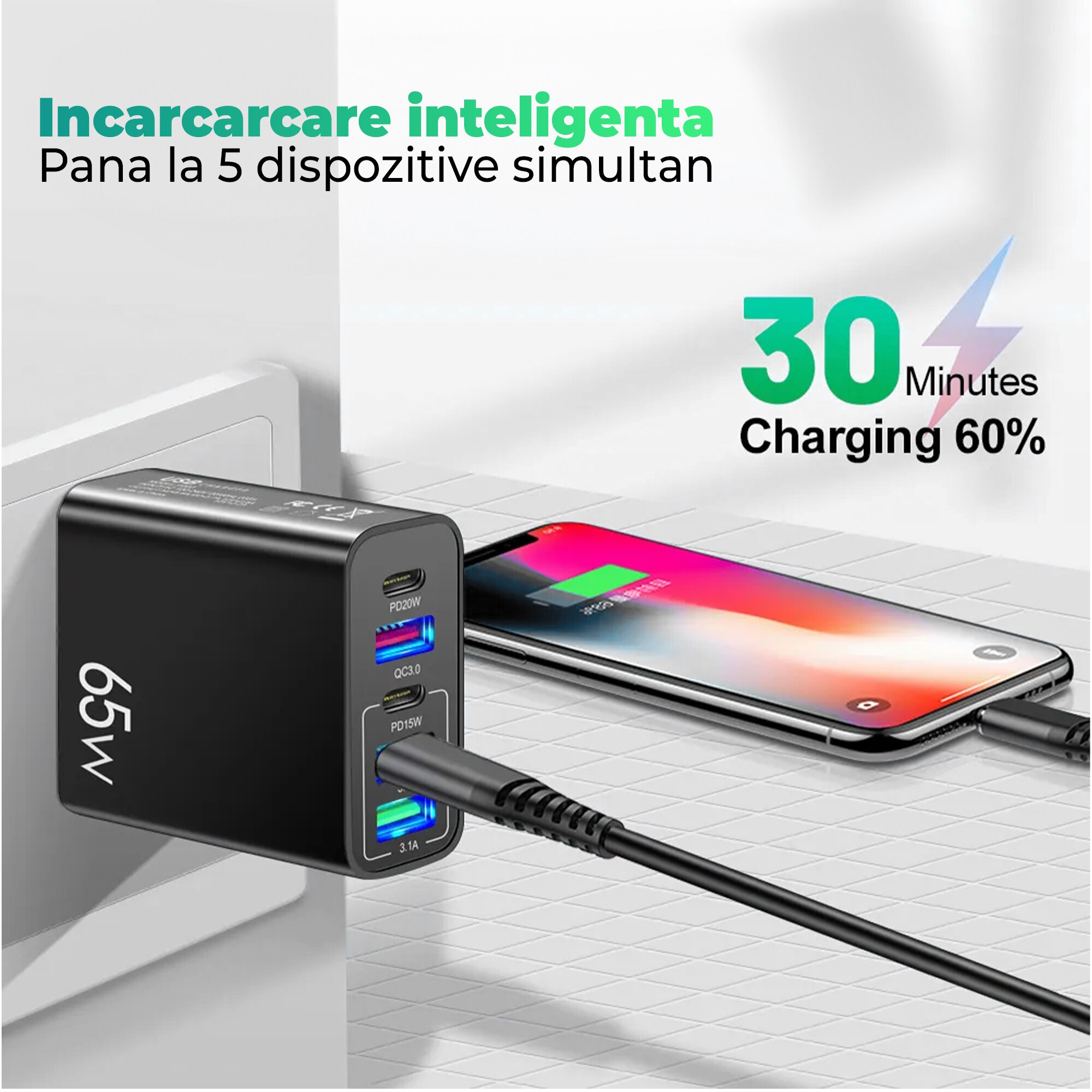 Incarcator Retea Timebox, 5 Porturi, 65W Fast Charge, 2 x Type-C, 3 x ...