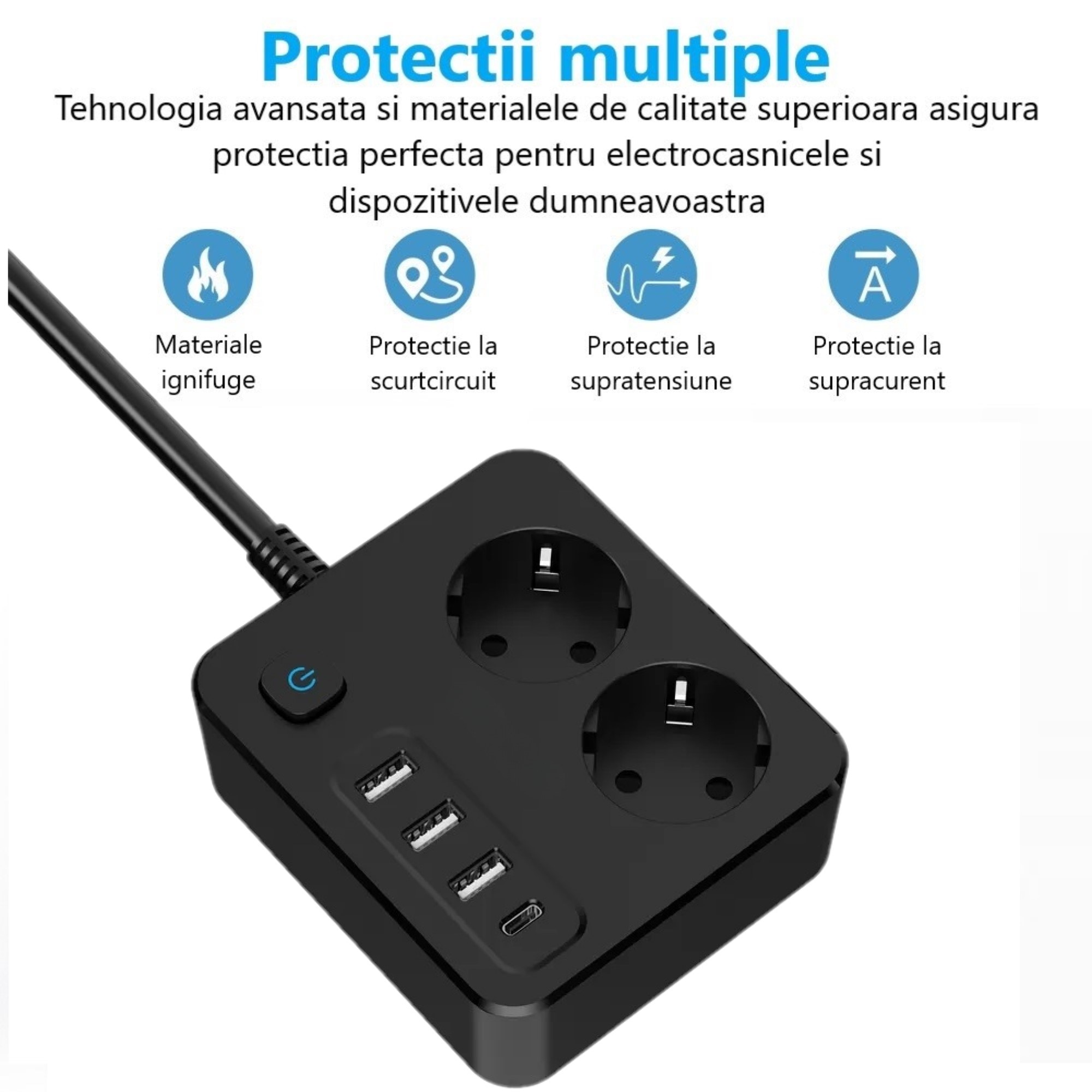 Prelungitor de putere mare 16A/4000W INNOVIO®, 2 prize, 3 porturi USB-A ...