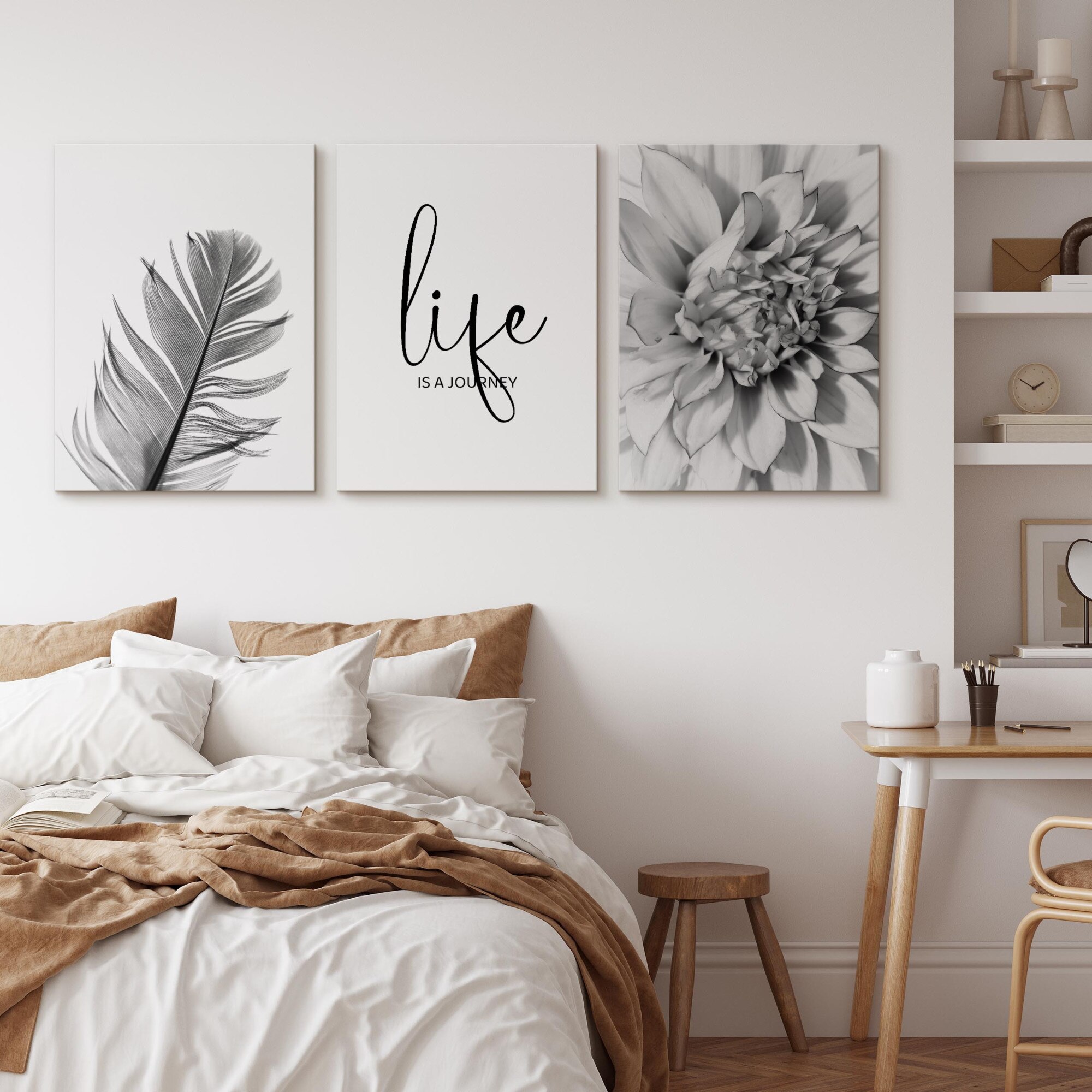 Set 3 Tablouri Decorative Floare alb-negru, Pene de pasare 90x40cm: 3 ...