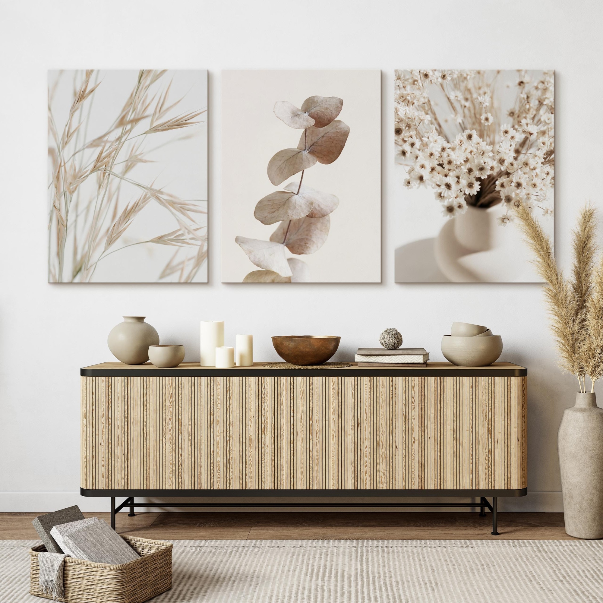 Set 3 Tablouri Decorative Plante in stil boho, Natura 90x40cm: 3 piese ...