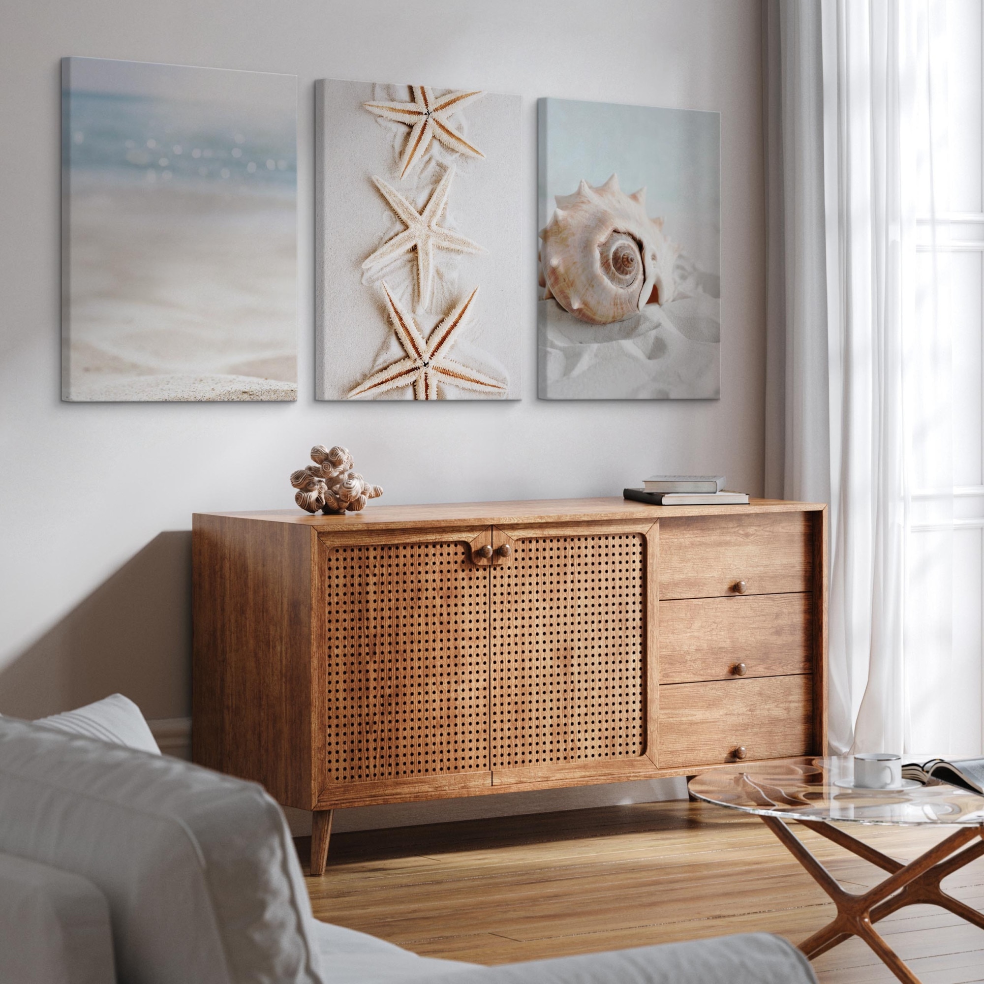 Set 3 Tablouri Decorative Peisaj Plaja si mare, Stele de mare, Scoici ...