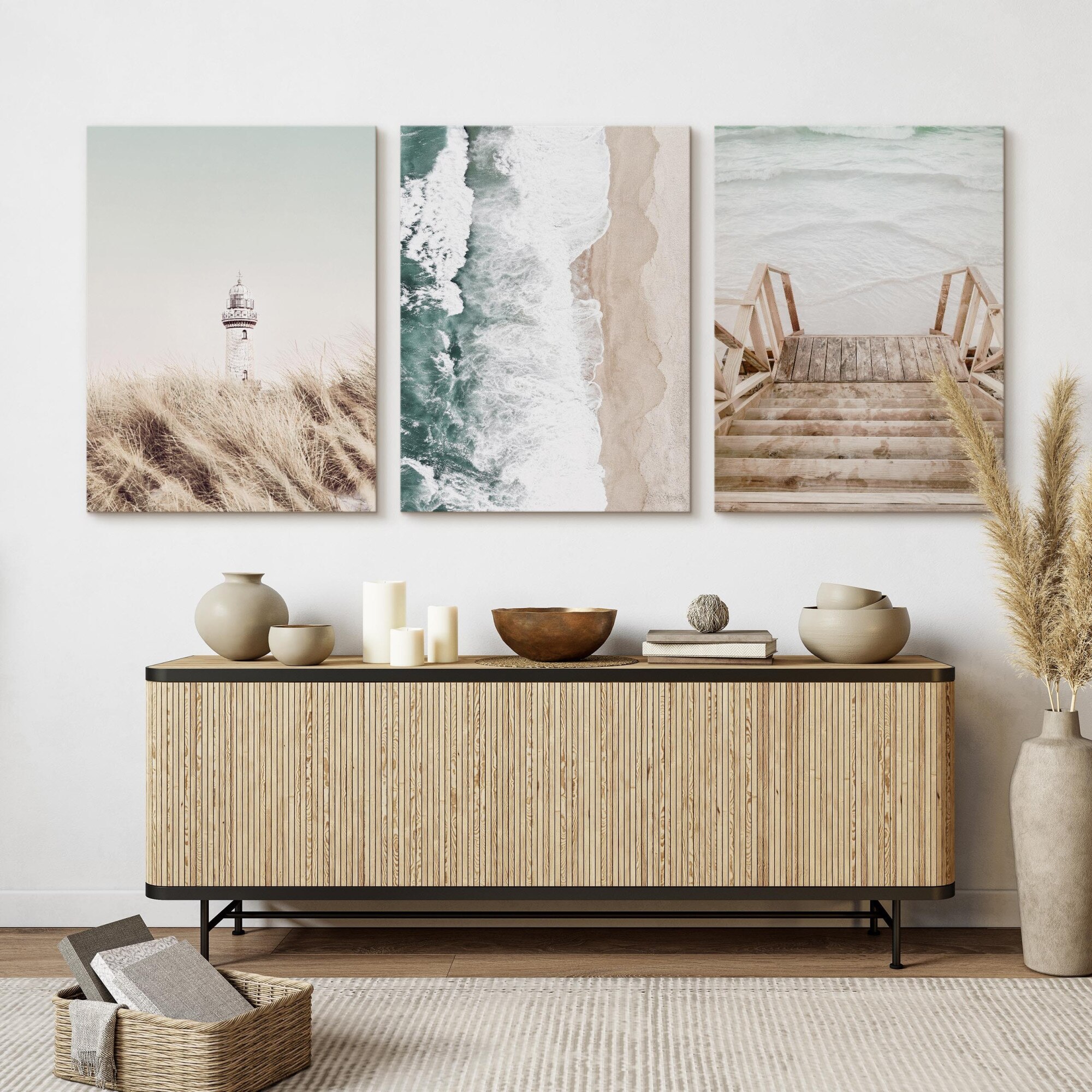 Set 3 Tablouri Decorative Peisaj de plaja si mare, Far, Natura 90x40cm ...