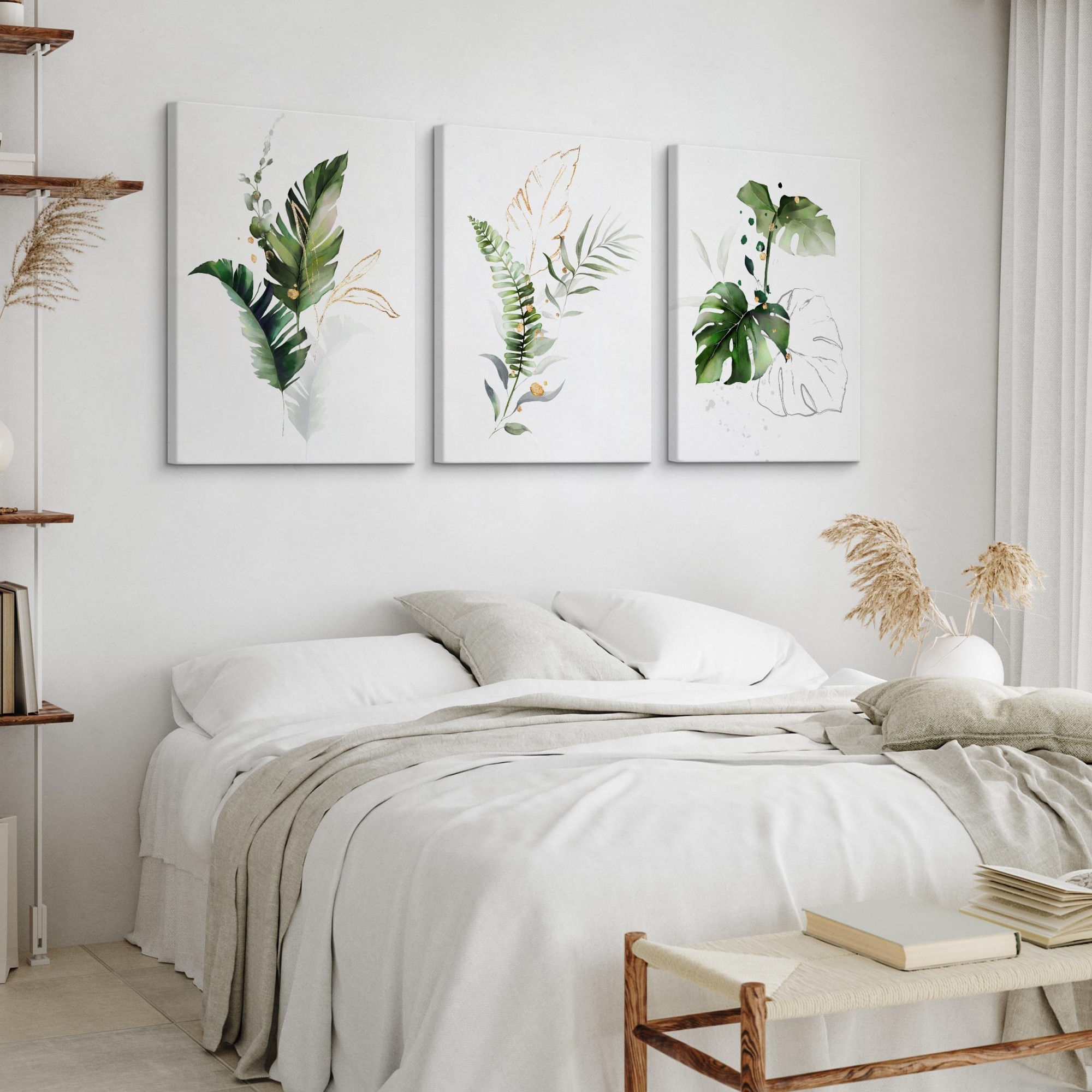 Set 3 Tablouri Decorative Frunze verzi de plante, Acuarela 90x40cm: 3 ...