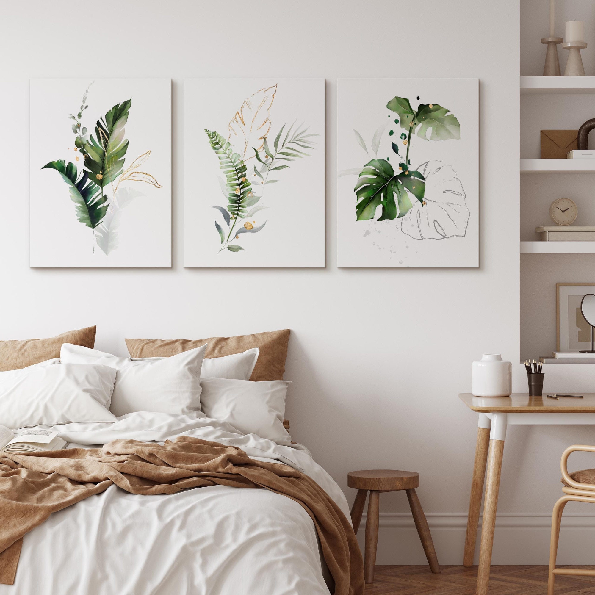 Set 3 Tablouri Decorative Frunze verzi de plante, Acuarela 90x40cm: 3 ...