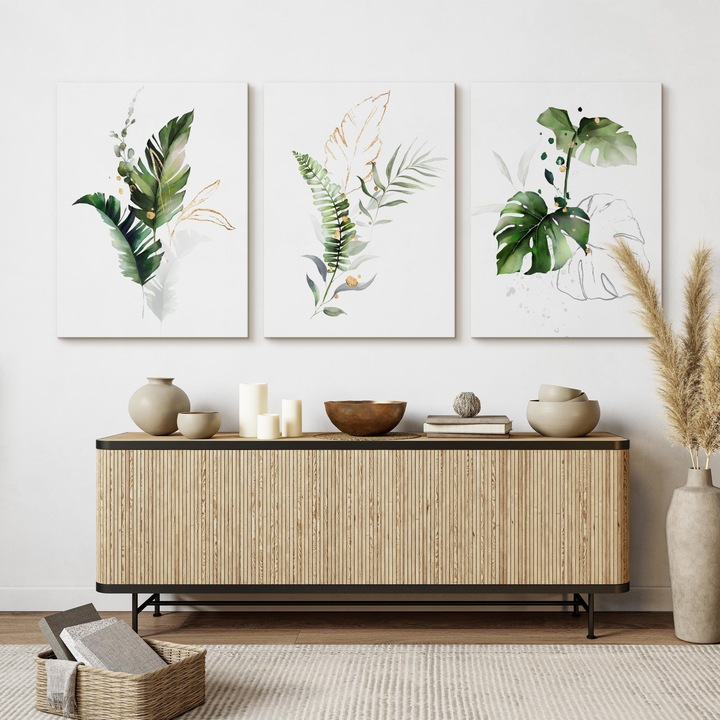 Set 3 Tablouri Decorative Frunze verzi de plante, Acuarela 90x40cm: 3 ...