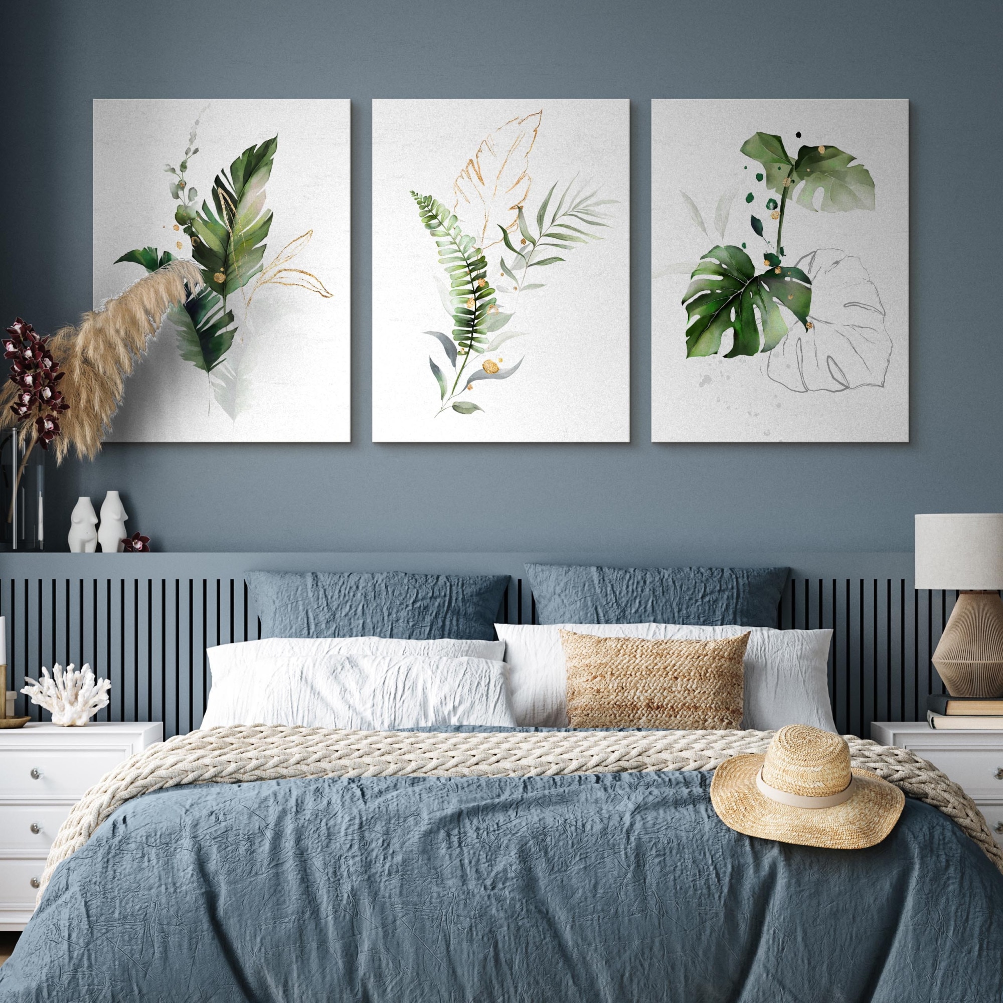 Set 3 Tablouri Decorative Frunze verzi de plante, Acuarela 90x40cm: 3 ...