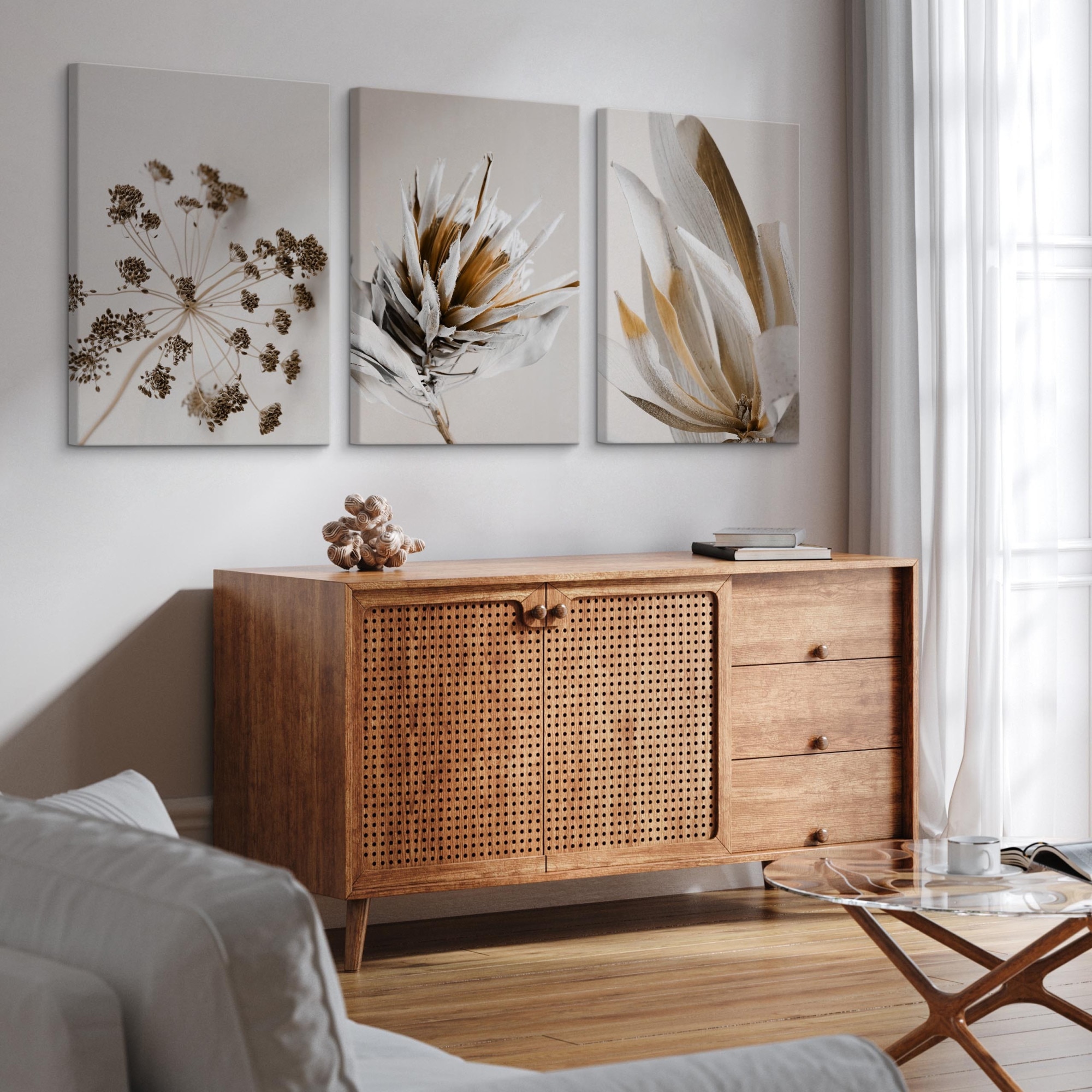 Set 3 Tablouri Canvas Plante in stil boho, Natura 90x40cm: 3 piese ...