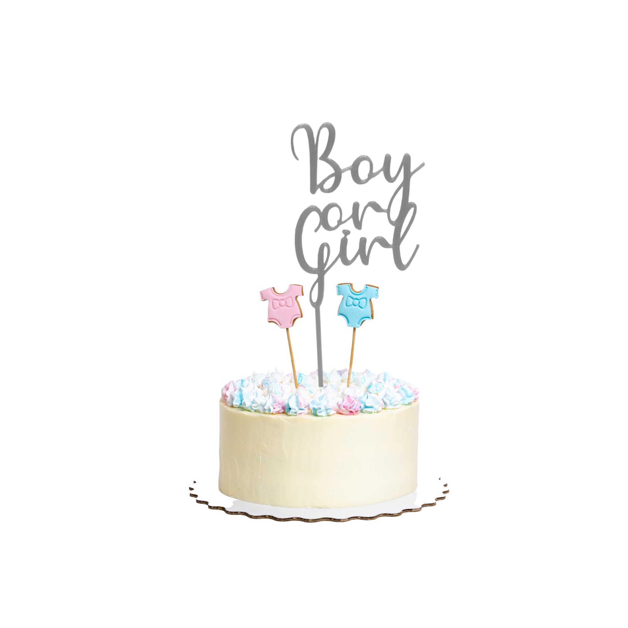 Decoratiune topper tort "Boy or Girl" Gender reveal, Argintiu, 11.5 cm ...