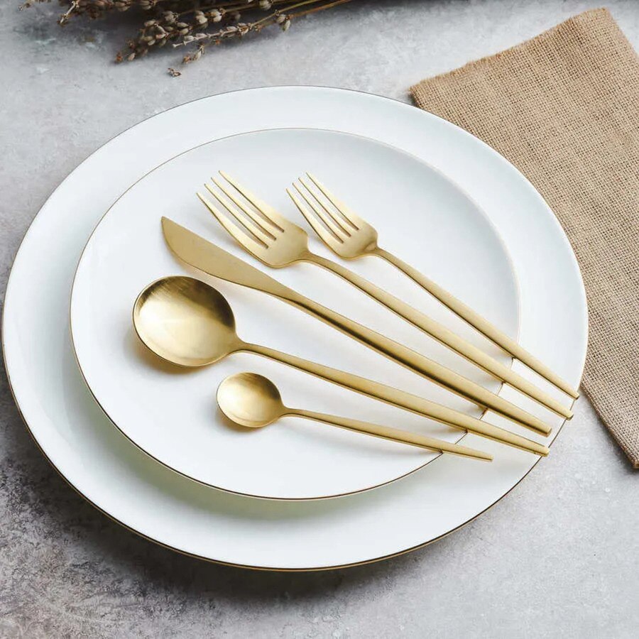 Set 60 tacamuri pentru 12 persoane, Karaca, Orion Matte Inox, Auriu ...