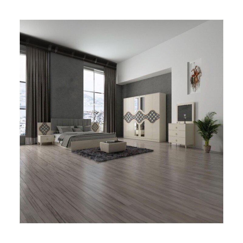 Set dormitor COD111, Pat 180x200cm, Dressing 220x210cm, Culoare Crem ...