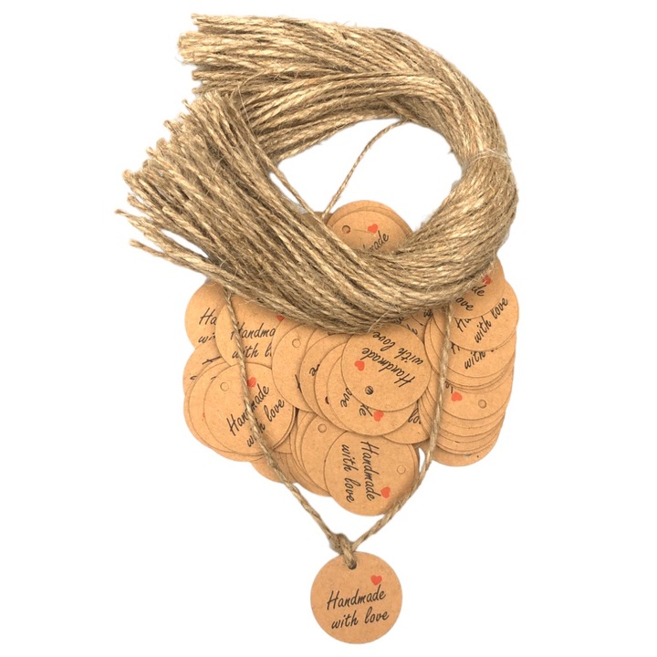 Set 100 Buc Etichete model "Handmade with Love", rotunde kraft, hartie ...