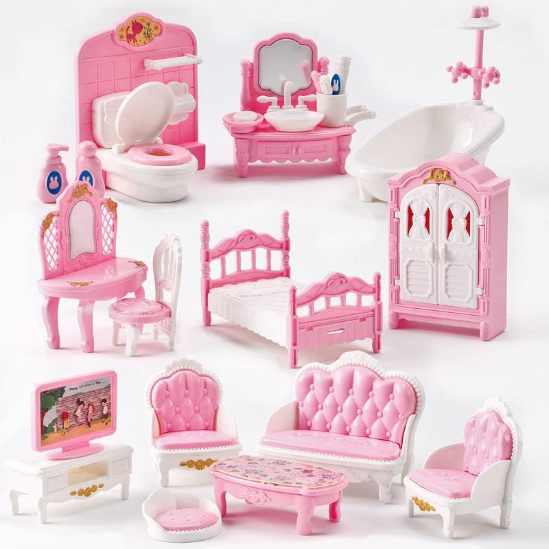 Set mobilier pentru papusi, Sunmostar, Plastic, Roz/Alb - eMAG.ro