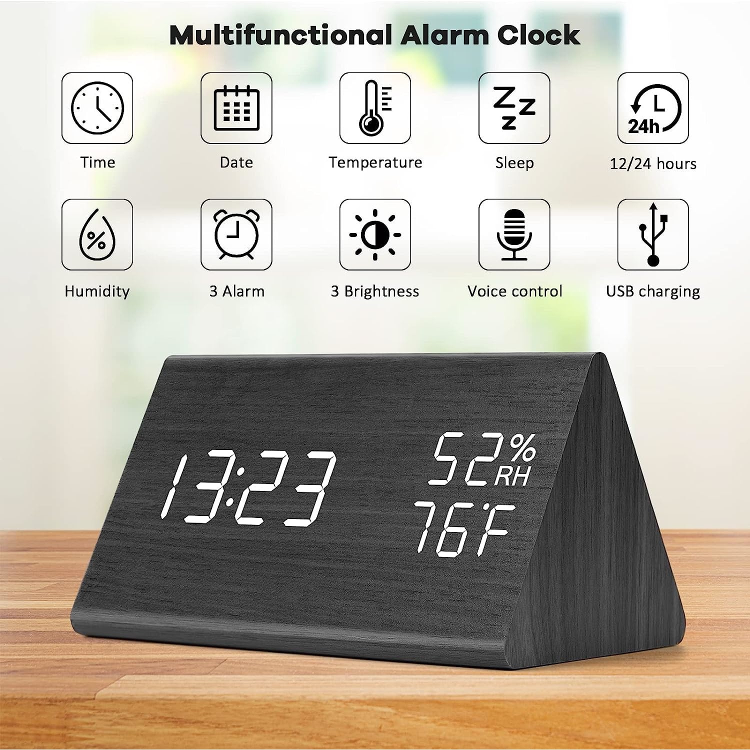 Дървен дигитален будилник с LED и аларма, За маса или нощно шкафче, С ...