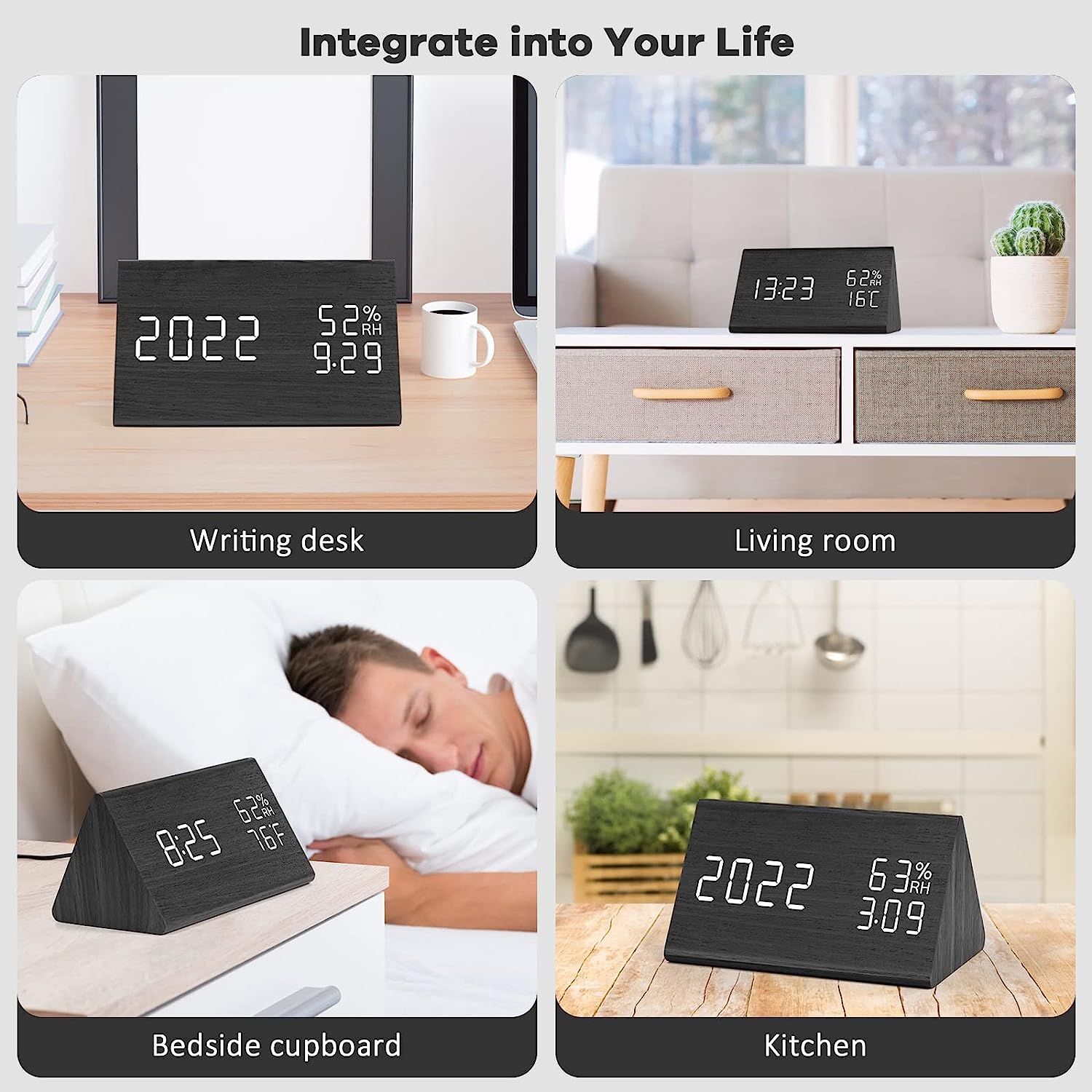 Ceas desteptator digital din lemn cu LED si alarma, pentru masa sau ...