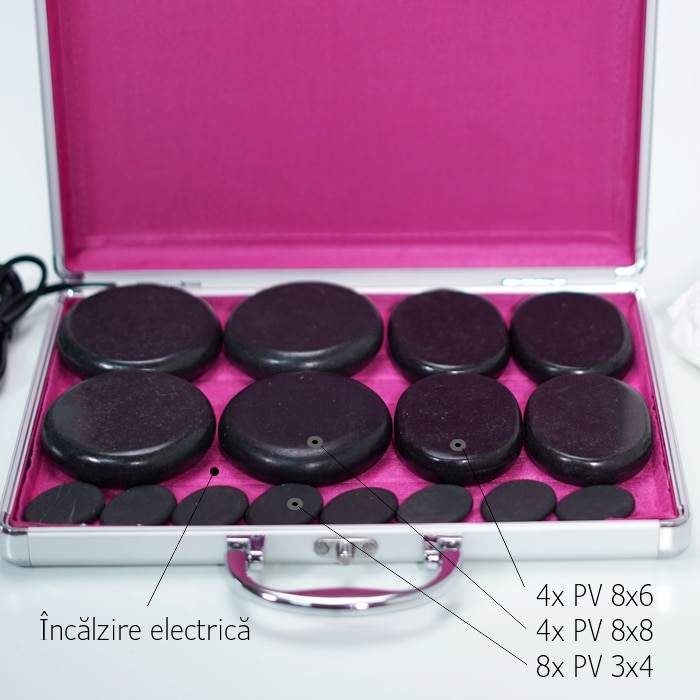 Set 16 Pietre Vulcanice, valiza aluminiu incalzita + kit 4 uleiuri ...