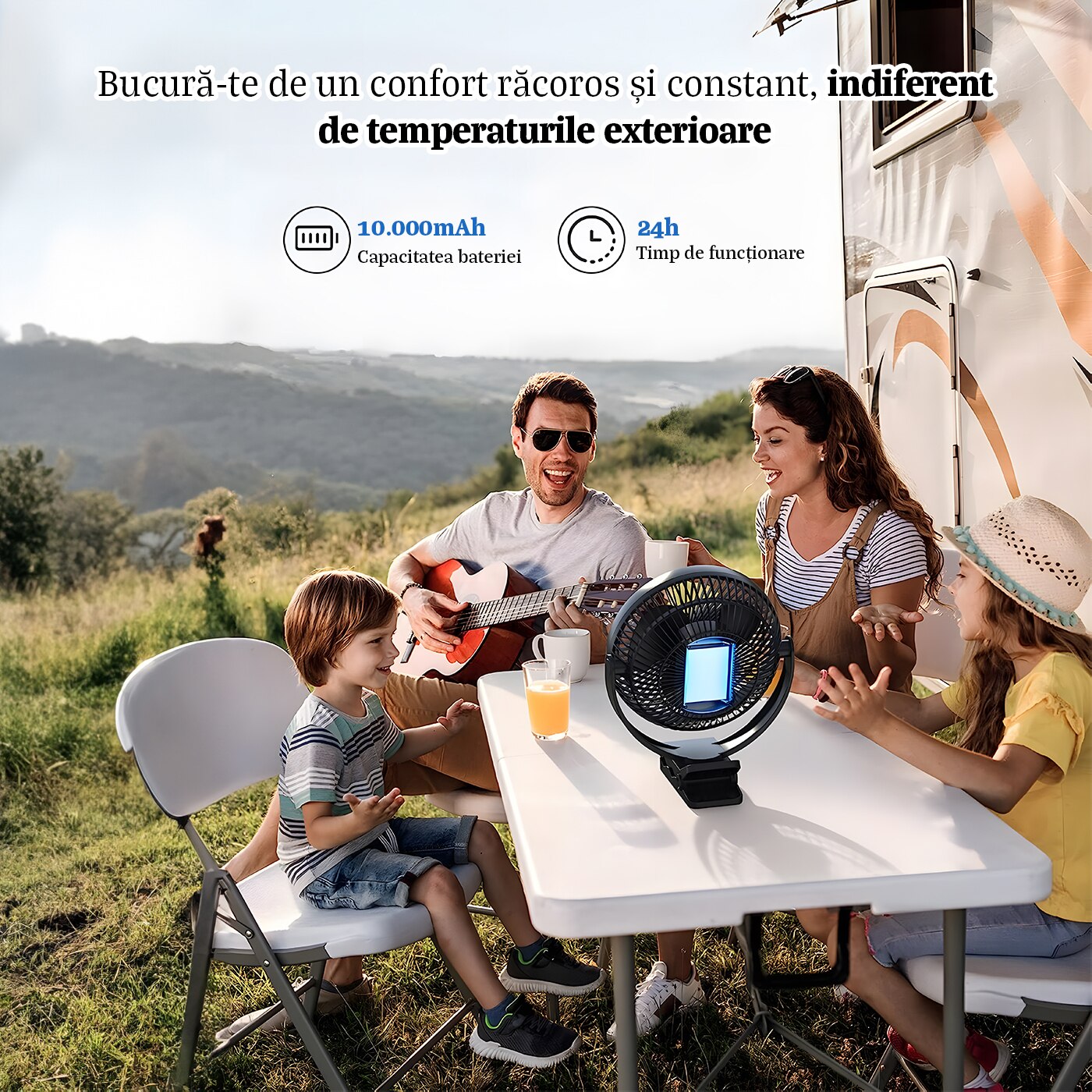 Ventilator cu acumulator si clema, Solutter, acumulator 10000mah, reincarcabil prin USB, 24h ...