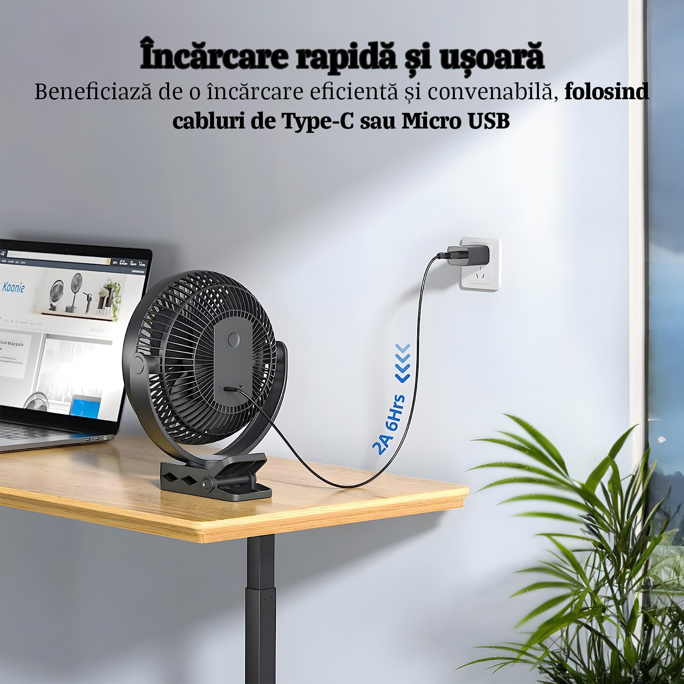 Ventilator cu acumulator si clema, Solutter, acumulator 10000mah, reincarcabil prin USB, 24h ...