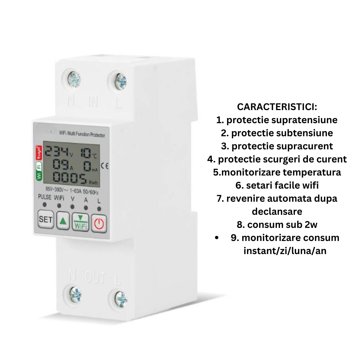 Releu wifi monofazic si contor de energie inteligent, 2P/63A, reglabil, digital, protectie ...
