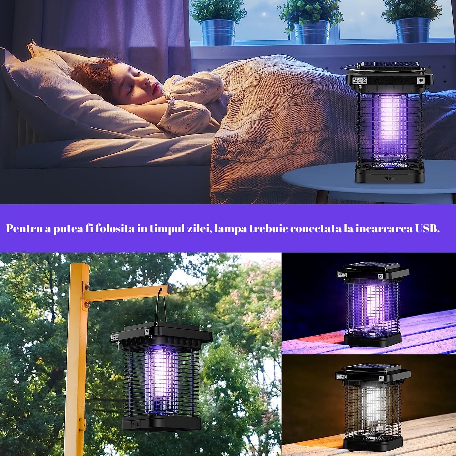 Lampa UV profesionala anti insecte cu incarcare solara sau prin USB ...