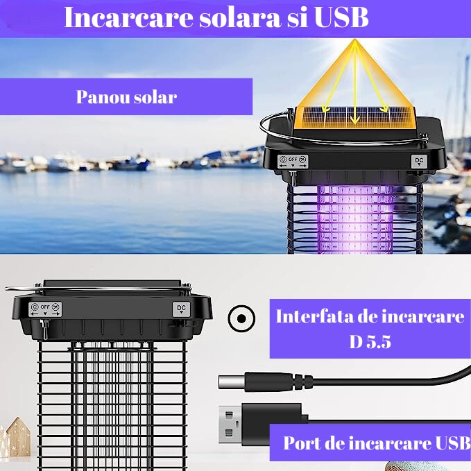 Lampa UV profesionala anti insecte cu incarcare solara sau prin USB ...