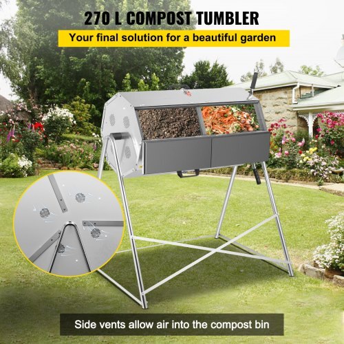 Compostor cu Tambur, 270 Litri, Composter pentru Gradina cu Doua Camere ...