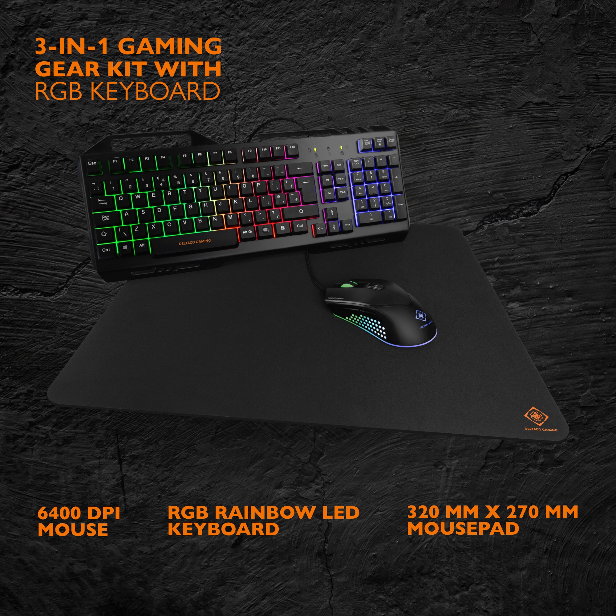Kit de gaming 3-in-1 Deltaco Gaming, tastatura RGB, mouse RGB si ...