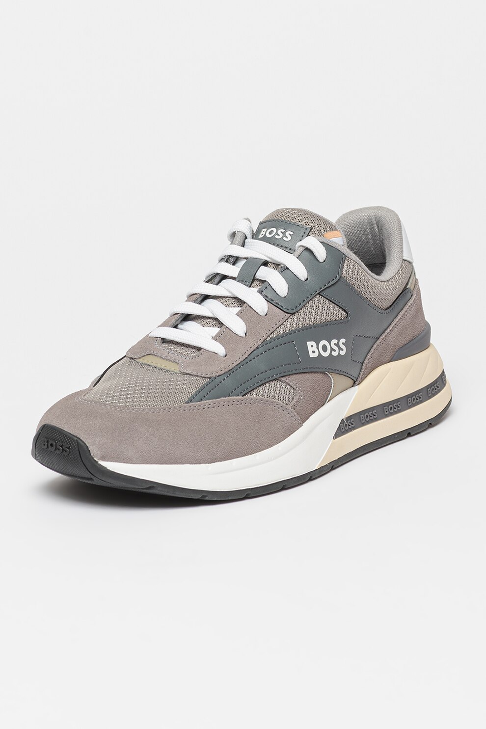 BOSS, Pantofi sport cu garnituri din piele intoarsa Kurt, Gri, 44 - eMAG.ro