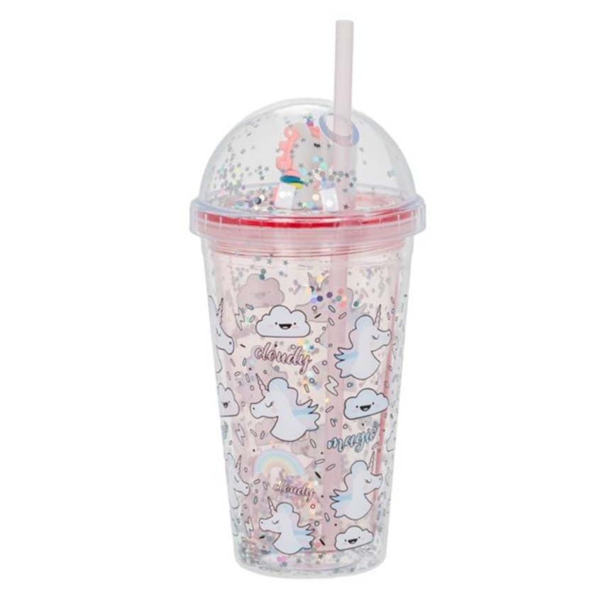 Pahar pentru copii, capac cu filet si pai din plastic, model unicorn ...