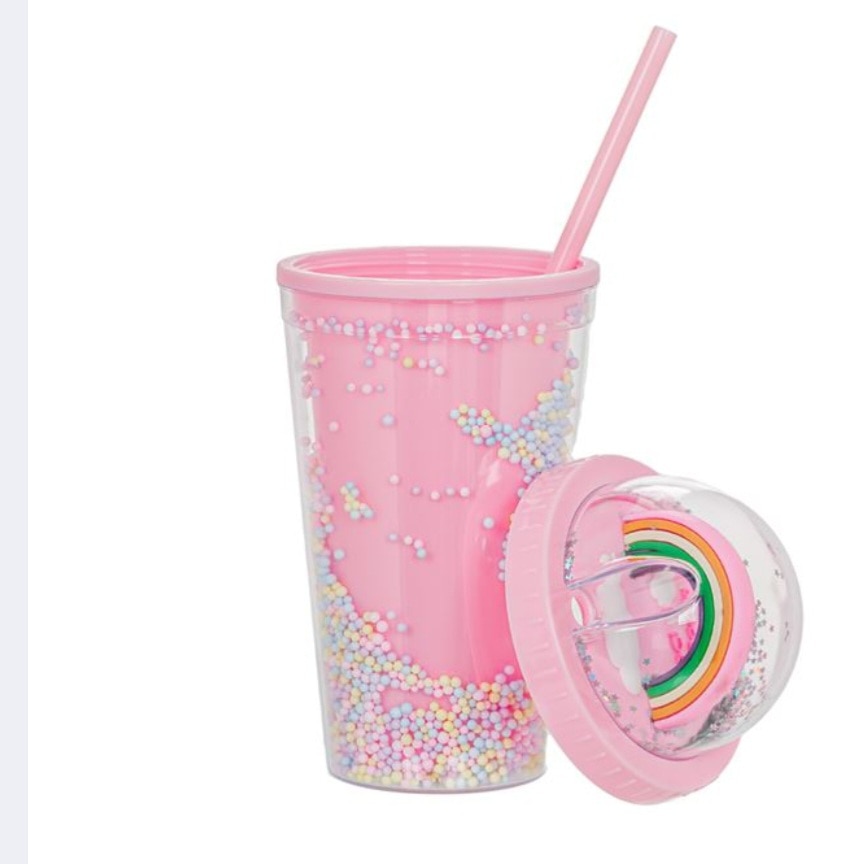 Pahar pentru copii, capac cu filet si pai din plastic, model curcubeu ...