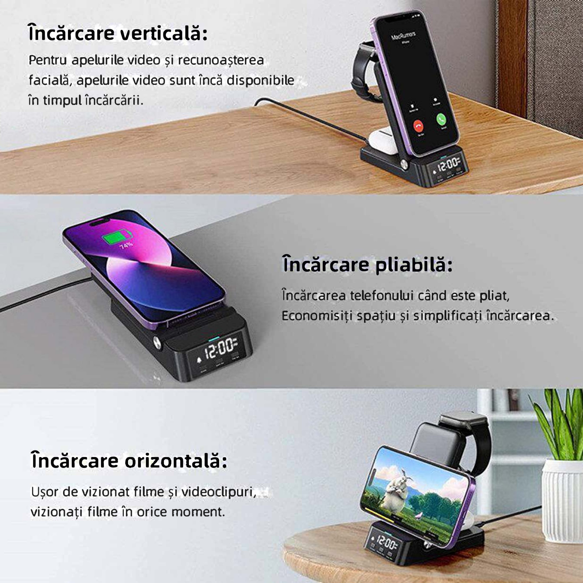 Statie de incarcare universala inteligenta wireless 4 in 1 de 15W ...