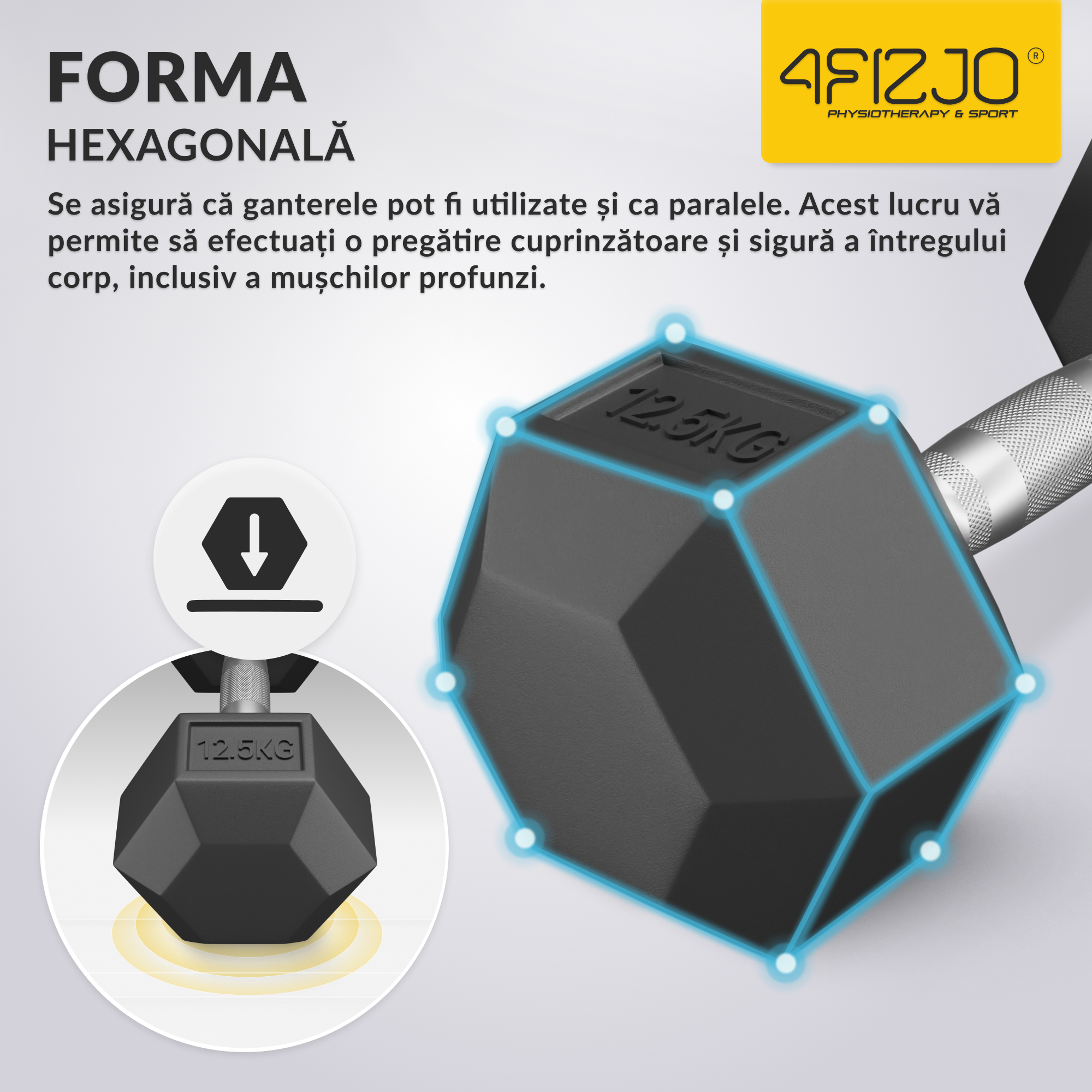 Haltera de otel HEX, 4FIZJO, pentru antrenament la sala de sport, Forma ...